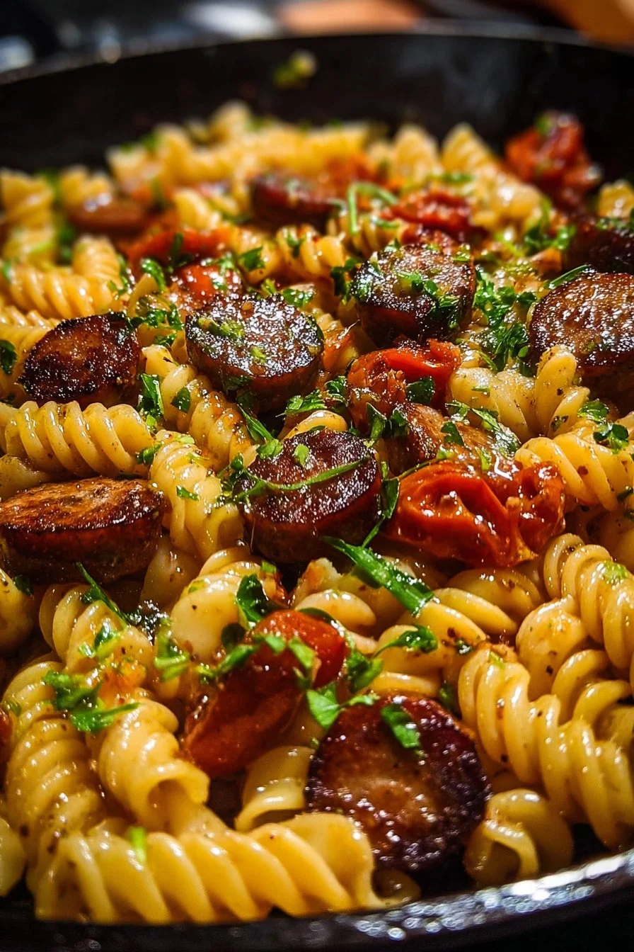 Sticky Honey Garlic Sausage Pasta Skillet